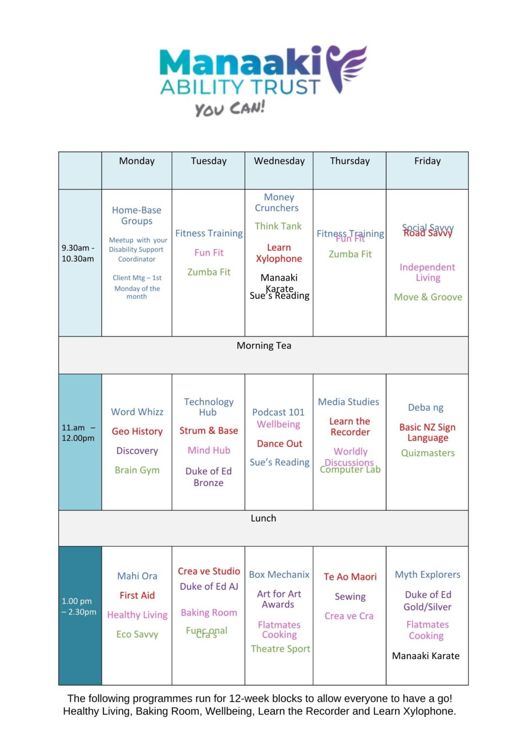 Our Timetable | Manaaki Ability Trust